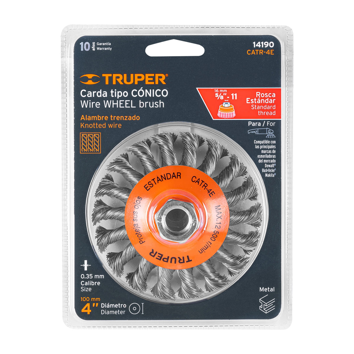 Truper CATR-4E Carda tipo cónico 4', alambre trenzado, 5/8'-11 – Ferrenacional