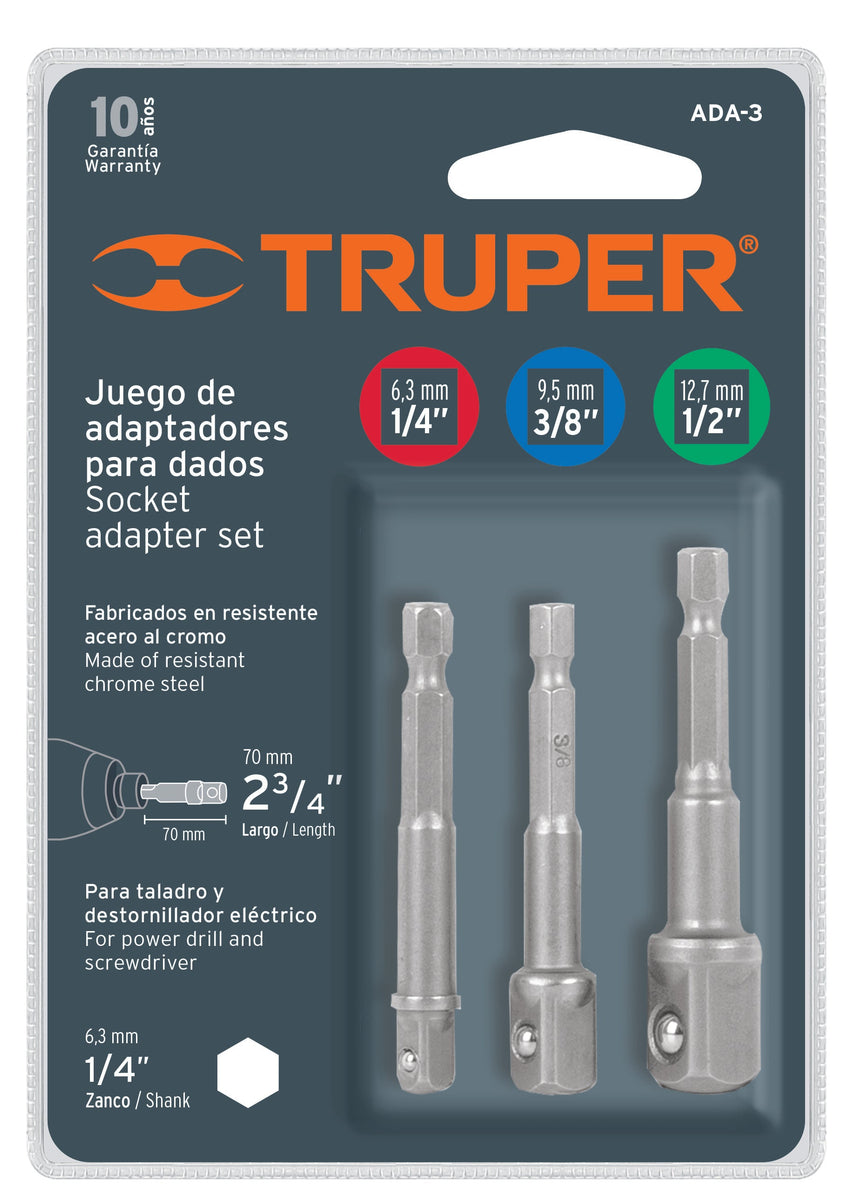 Juego de adaptadores para dados Truper, 1/4', 3/8' y 1/2', 3 piezas ADA-3 – Ferrenacional
