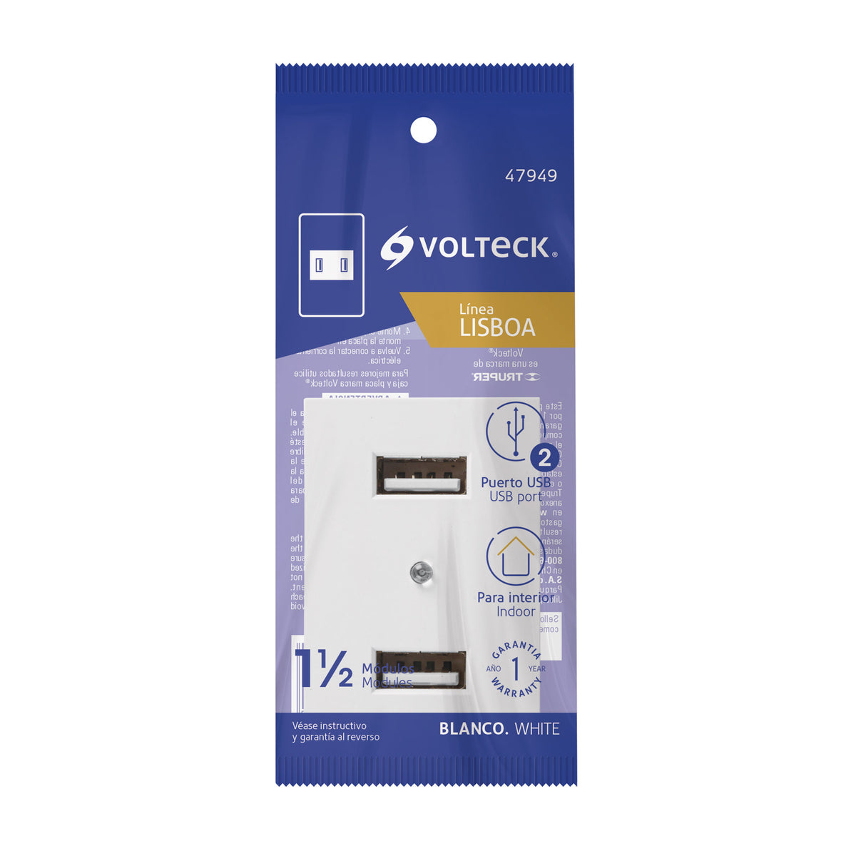 Volteck C2USB-LB Toma con 2 puertos USB blanco de 1.5 módulos, línea L ...