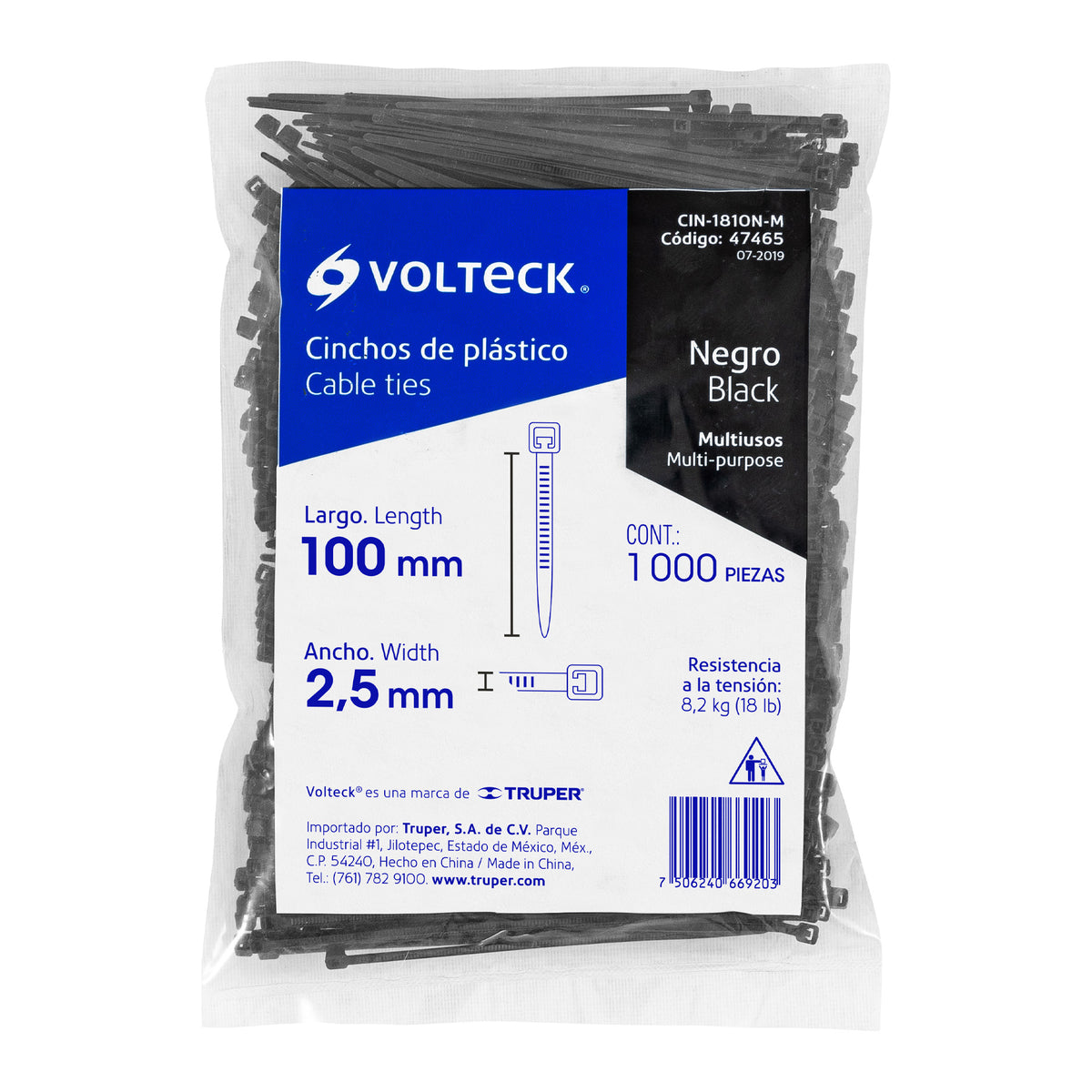 Volteck CIN-1810N-M Bolsa con 1000 cinchos plásticos 18 lb, 100x2.5 mm ...