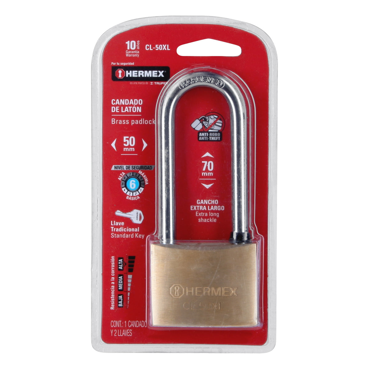 Hermex CL-50XL Candado de latón, 50mm, gancho extra largo, blister ...