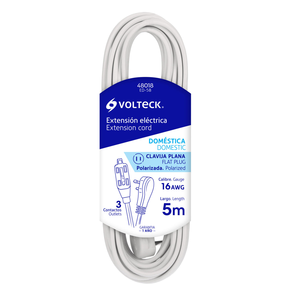Volteck ED-5B Extensión eléctrica doméstica 5 m blanca con clavija pla ...