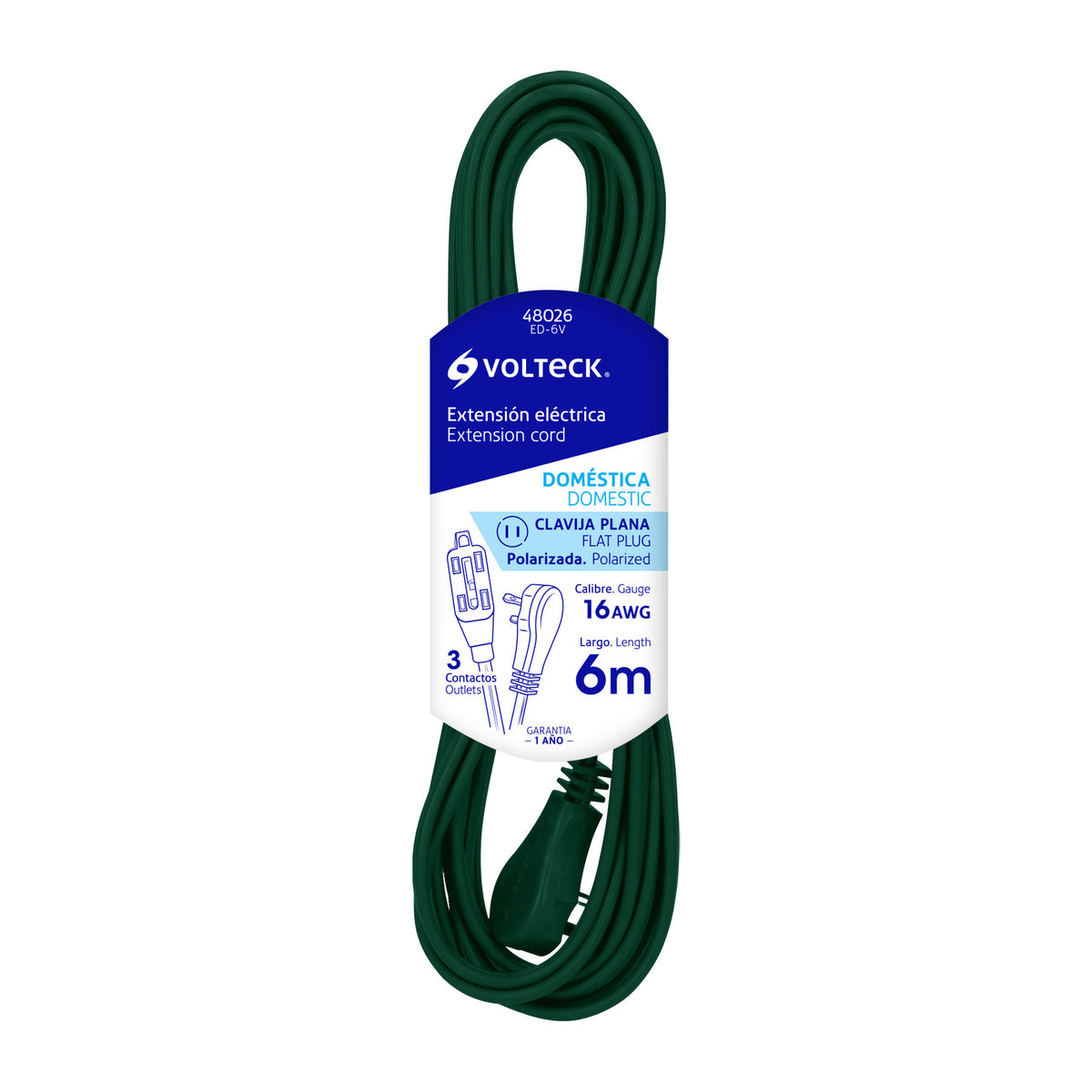 Volteck ED-6V Extensión eléctrica doméstica 6 m verde con clavija plan ...