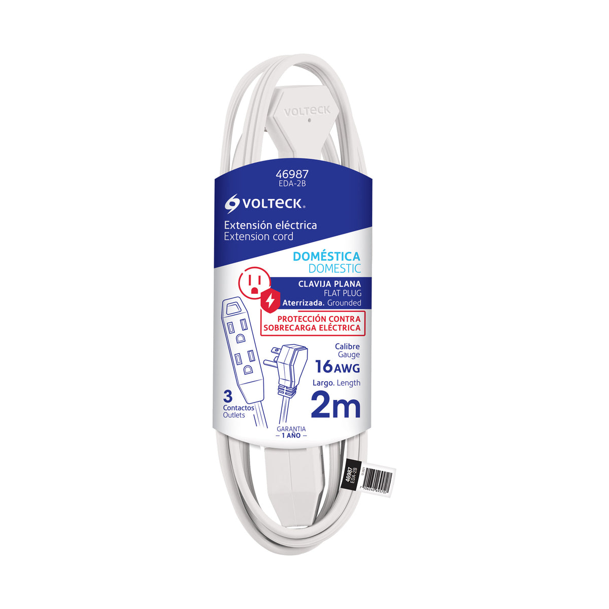 Volteck EDA-2B Extensión doméstica aterrizada 2 m blanca con clavija p ...