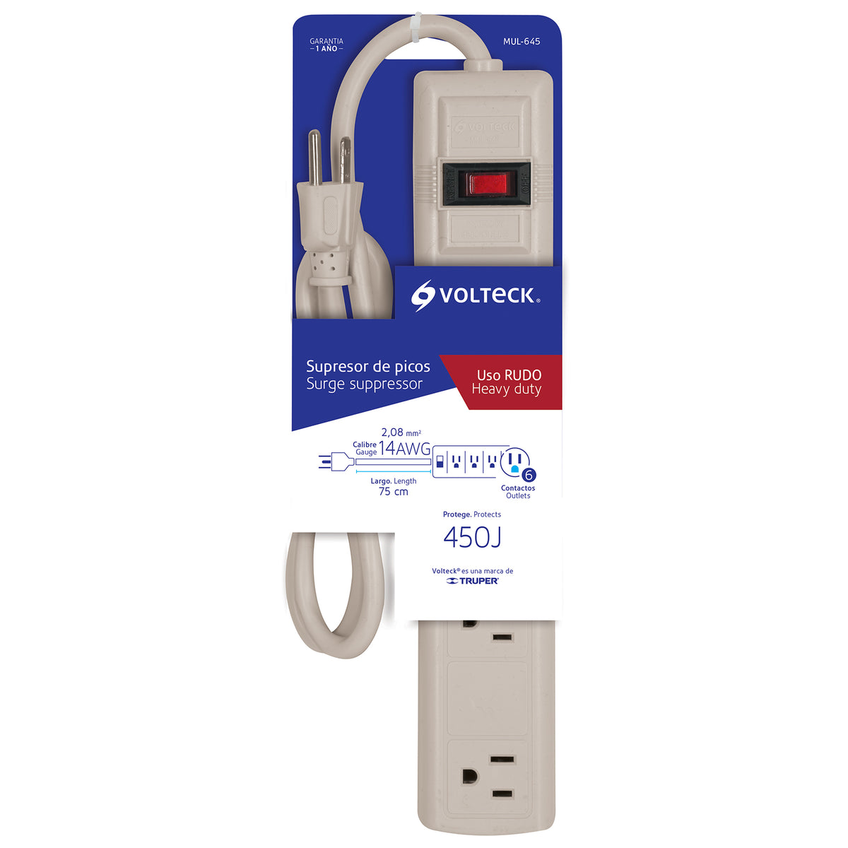 Volteck MUL-645 Multicontacto uso rudo, 6 entradas, supresor, 450 joul ...