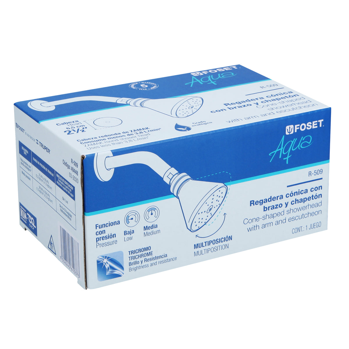 Foset R-509 Regadera cónica, 2-1/2' con brazo y chapetón, Aqua ...