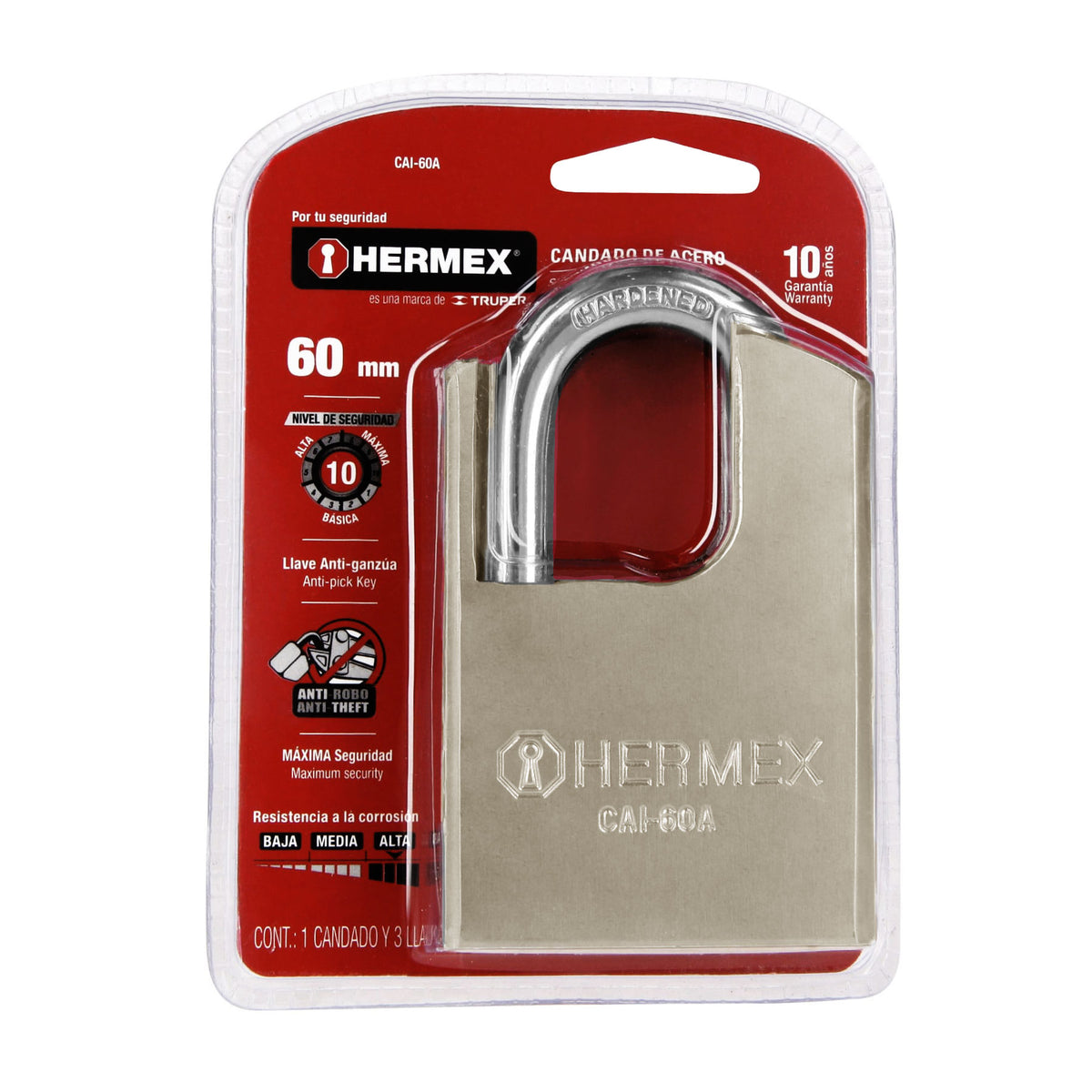 Hermex CAI-60A Candado de acero, máxima seguridad, 60mm, llave anti-ga ...