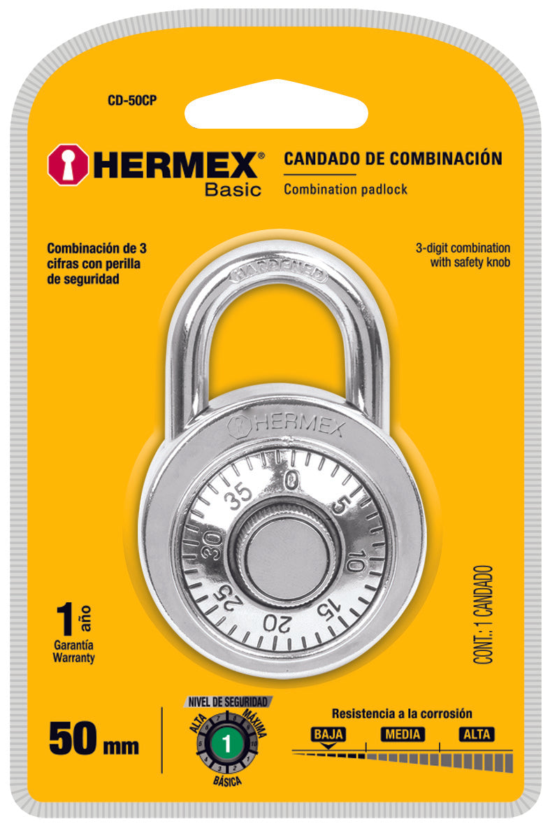 Hermex CD-50CP Candado de acero de combinación, 50mm, Hermex Basic ...