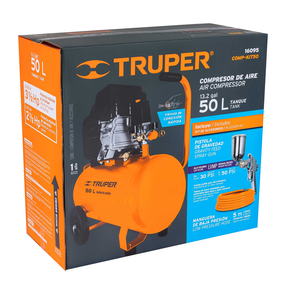 Truper COMP-KIT50 Kit, compresor 50 L, 3-1/2 HP, manguera de PVC y pis ...