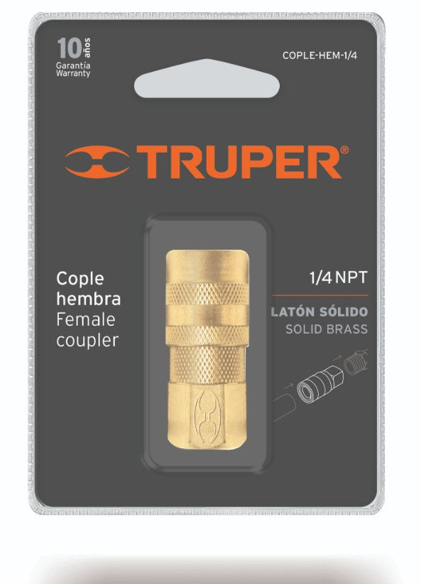 Truper COPLE-HEM-1/4 Cople de latón, cuerda 1/4 NPT, hembra – Ferrenacional Truper COPLE-HEM-1/4 Cople de latón, cuerda 1/4 NPT, hembra – Ferrenacional