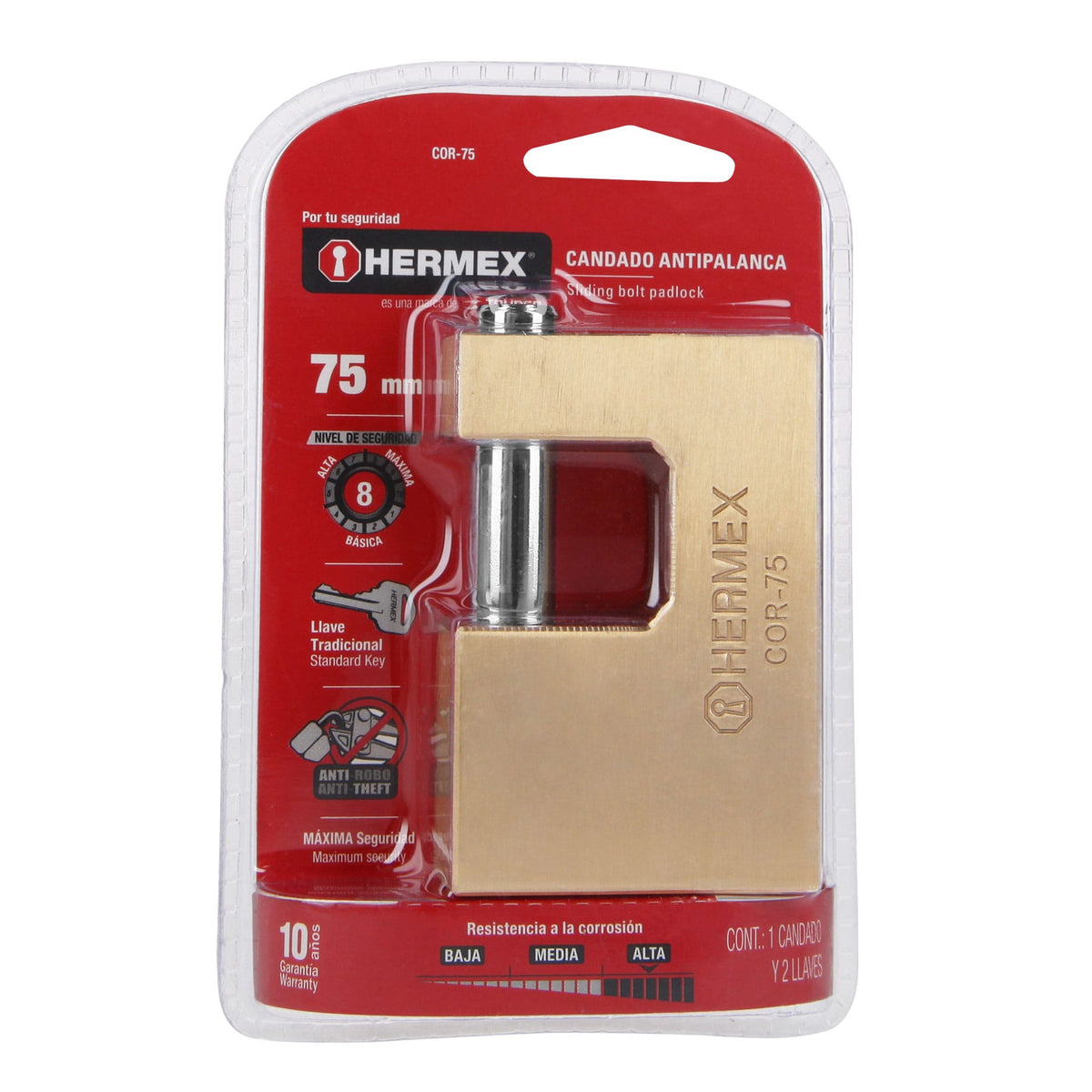 Hermex COR-75 Candado antipalanca, 75mm, cuerpo de latón llave tradici ...