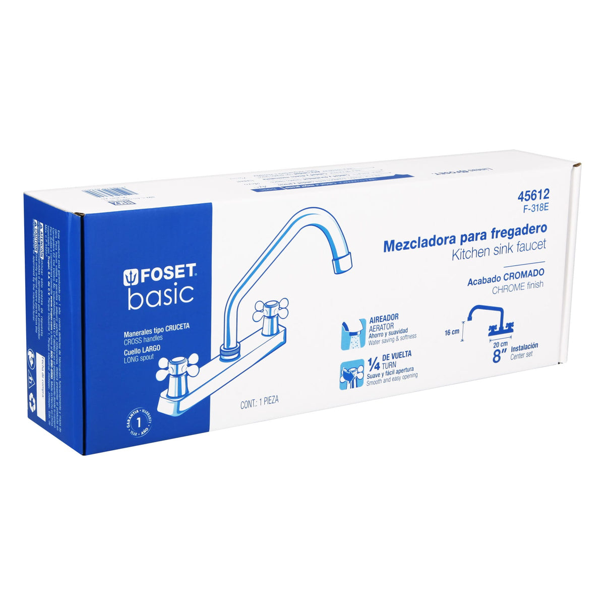 Foset F-318E Mezcladora 8' p/fregadero, cuello largo, manerales crucet ...